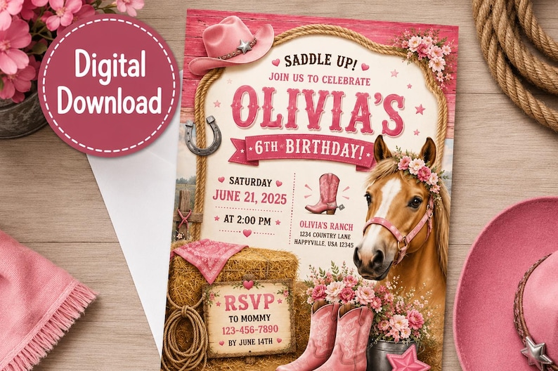 Cowgirl Birthday Invitation | Pink Pony Birthday Party Invite ...