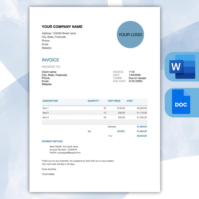 Invoice Template Word - Etsy