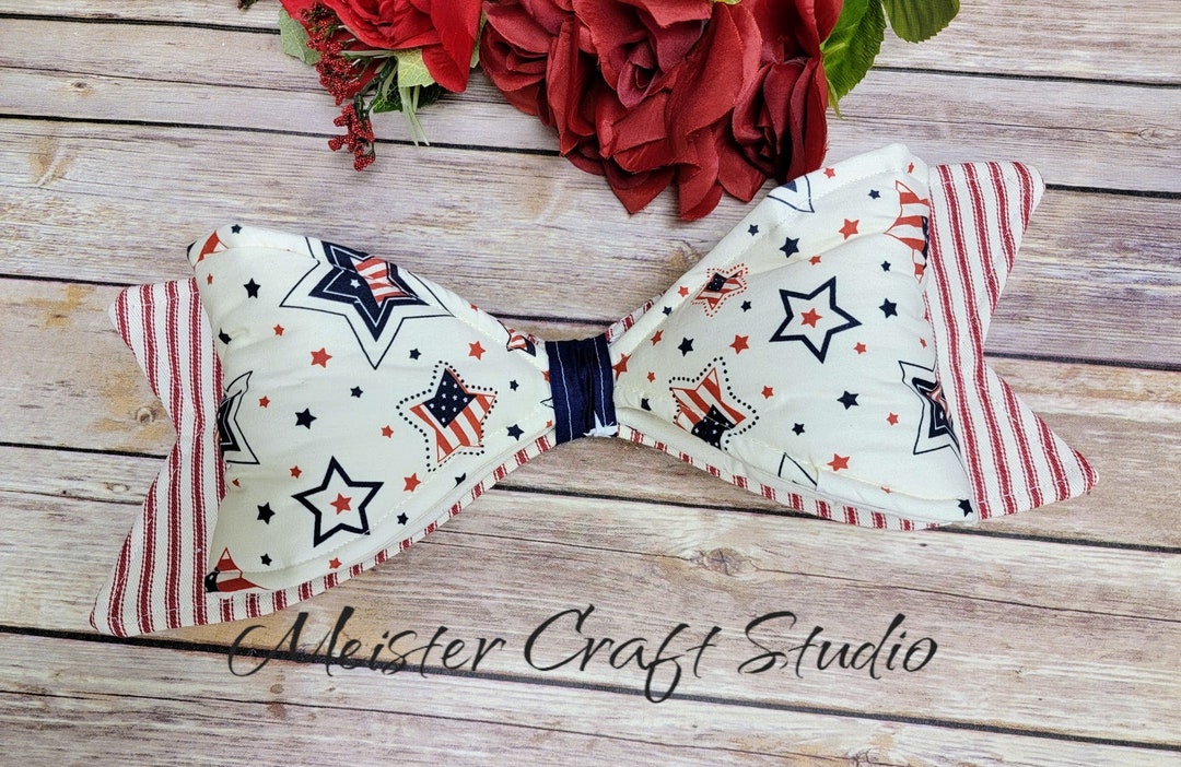 White Star Patriotic Large Fabric Bow, Whimsical Primitive Stripes ...