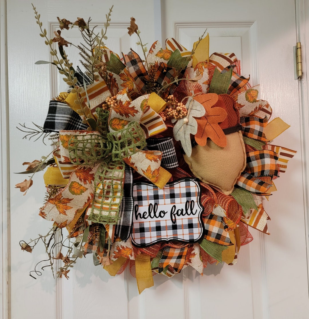 Hello Fall Acorn Rust and Orange Wreath, Acorn Wreath, Harvest Wreath ...