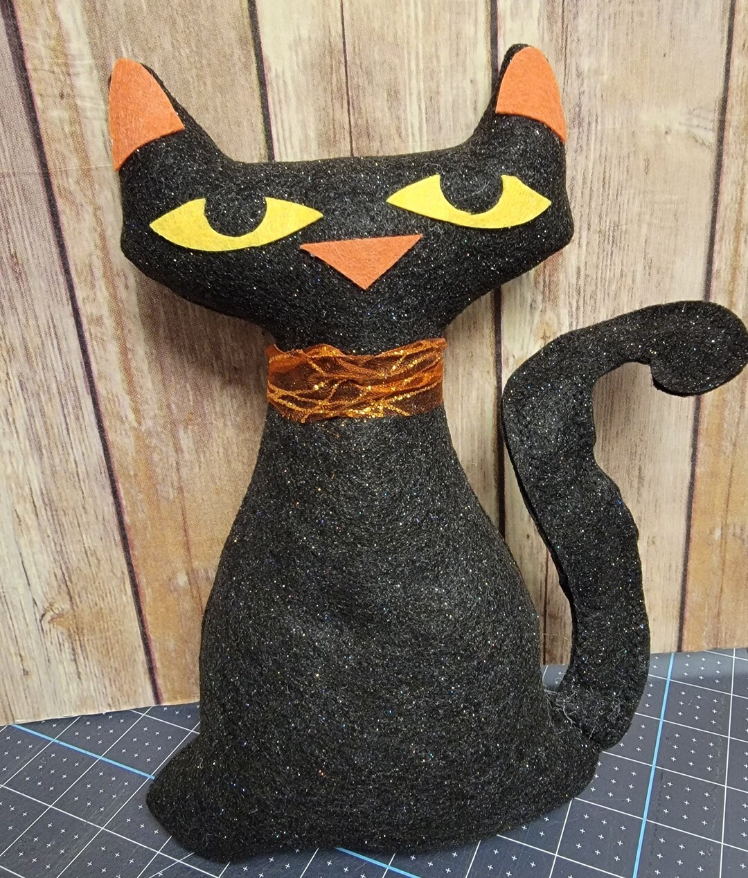Scary Black Glitter Cat With Yellow Eyes and a Wired Tail, Stuffed ...
