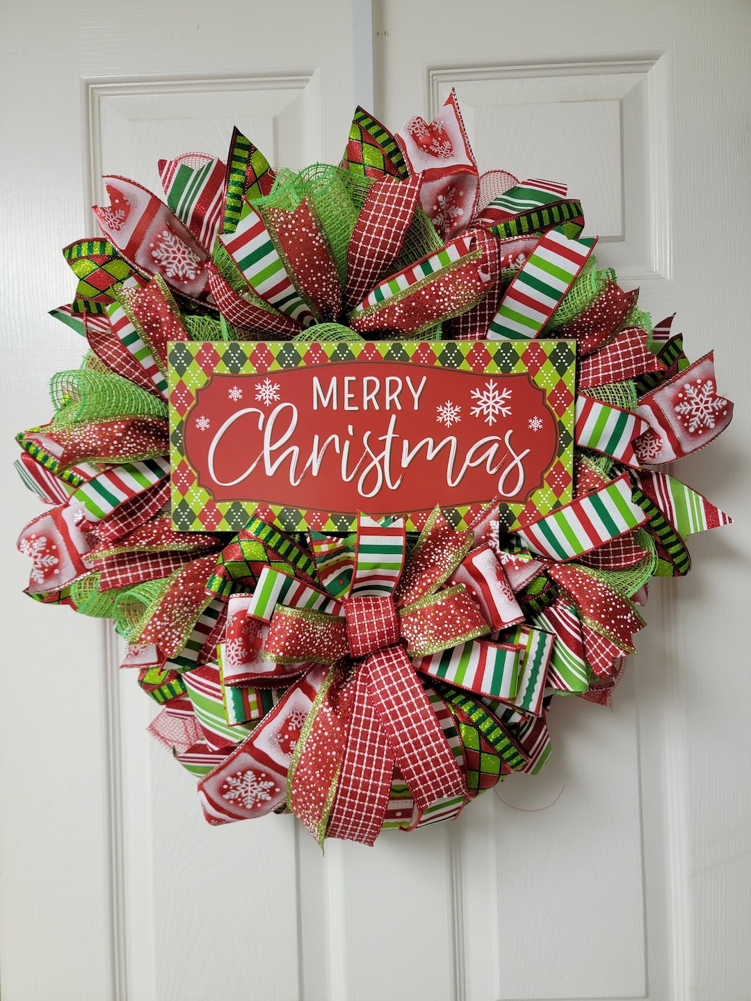 Red and Lime Green Merry Christmas Wreath, Traditional Front Door ...