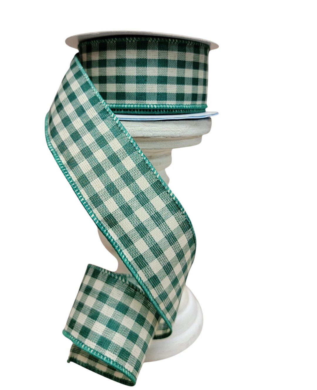 1.5" X 10 Yards Primitive Green and Cream Gingham Ribbon With Wired ...