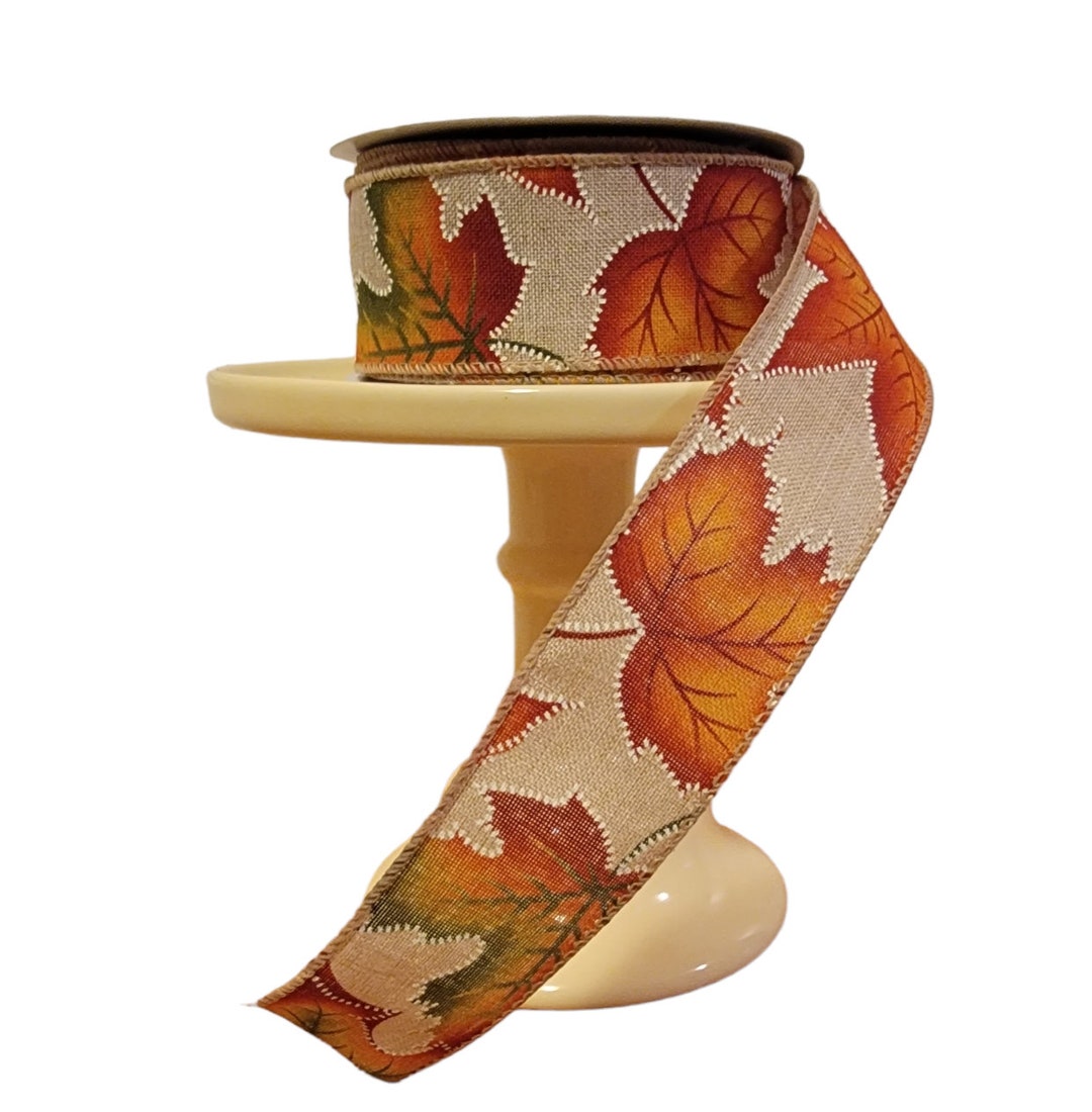 1.5" Colorful Fall Leaves White Outline on Natural Canvas Wired Ribbon ...