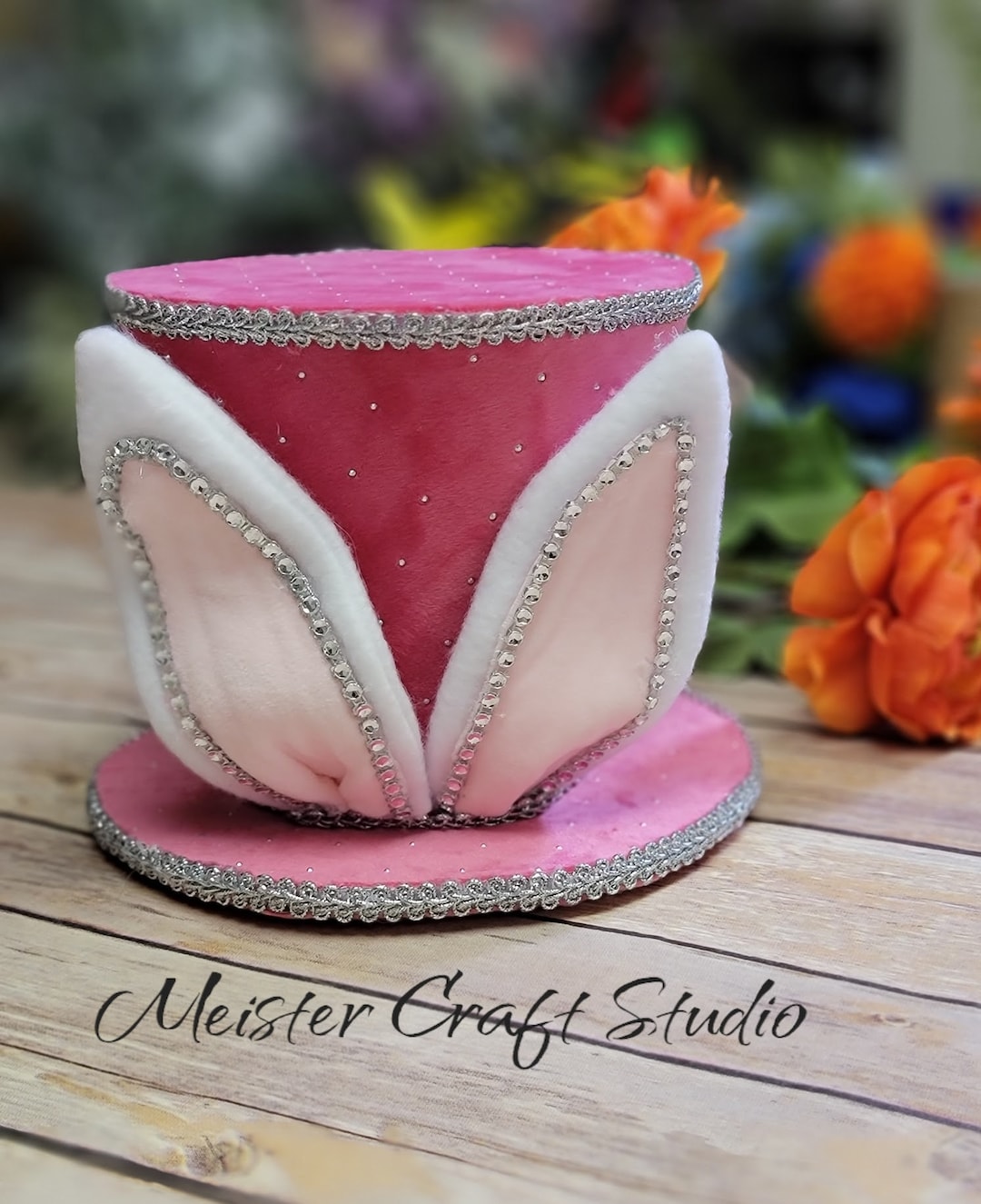 Bunny Top Hat With Ears Hot Pink Velour With Silver Trim, Bunny Wreath ...