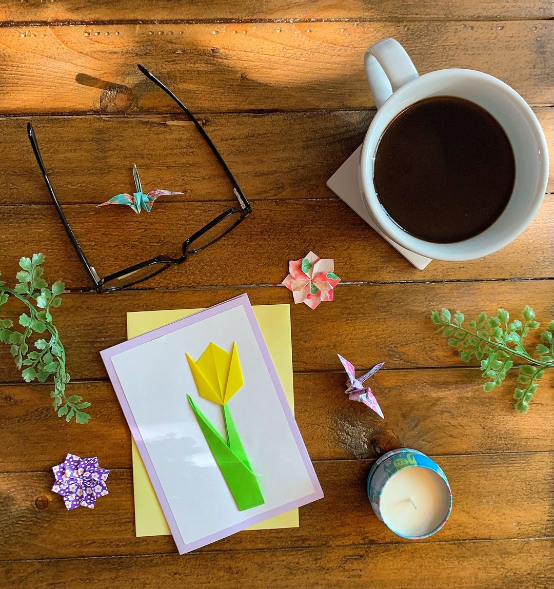 Origami Tulip Greeting Card, Blank Just Because Card, Flower Card for ...