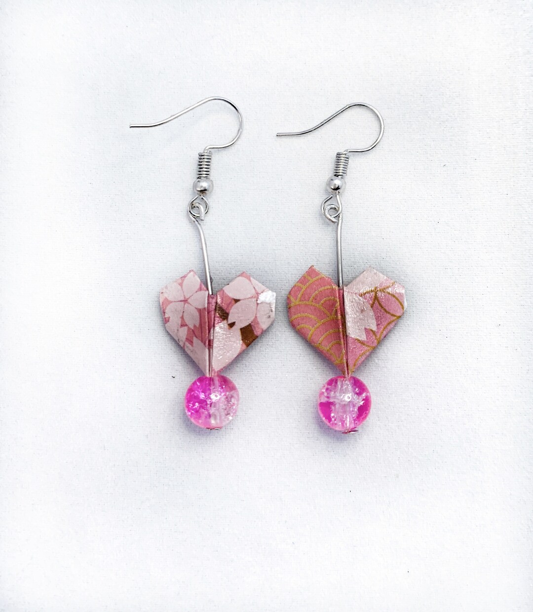Pink Beads & Origami Heart Statement Earrings, Wearable Jewelry Art ...