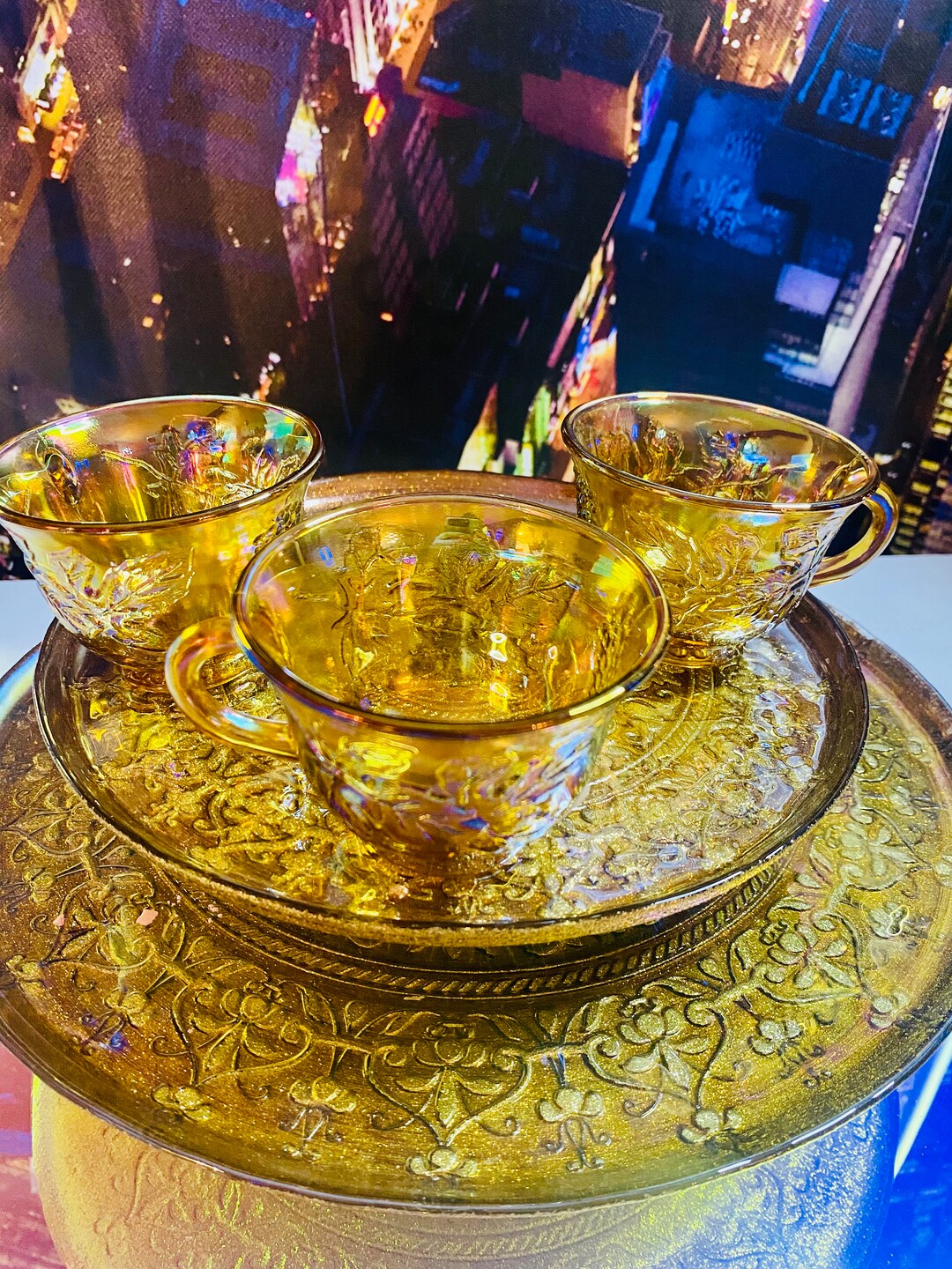 Indiana Carnival Glass Harvest Grape Gold Amber Iridescent Punch Cups ...