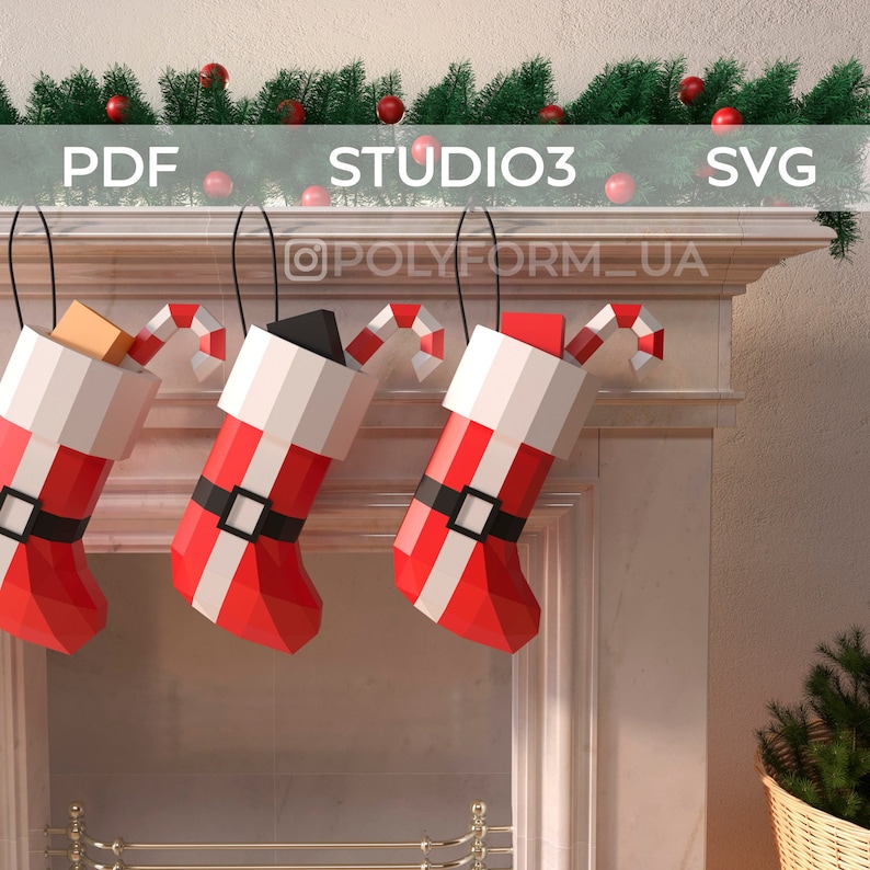 Christmas Stocking, Low Poly Papercraft PDF Template + Silhouette ...