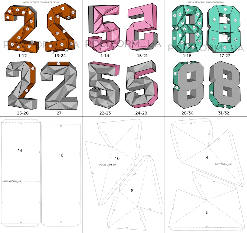 Digits Papercraft, Low Poly Numbers Papercraft PDF Template 3d Model ...