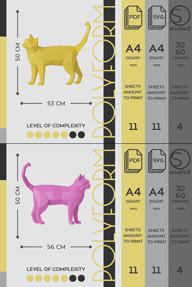 Cats Low Poly Animal Papercraft PDF Template Love - Etsy