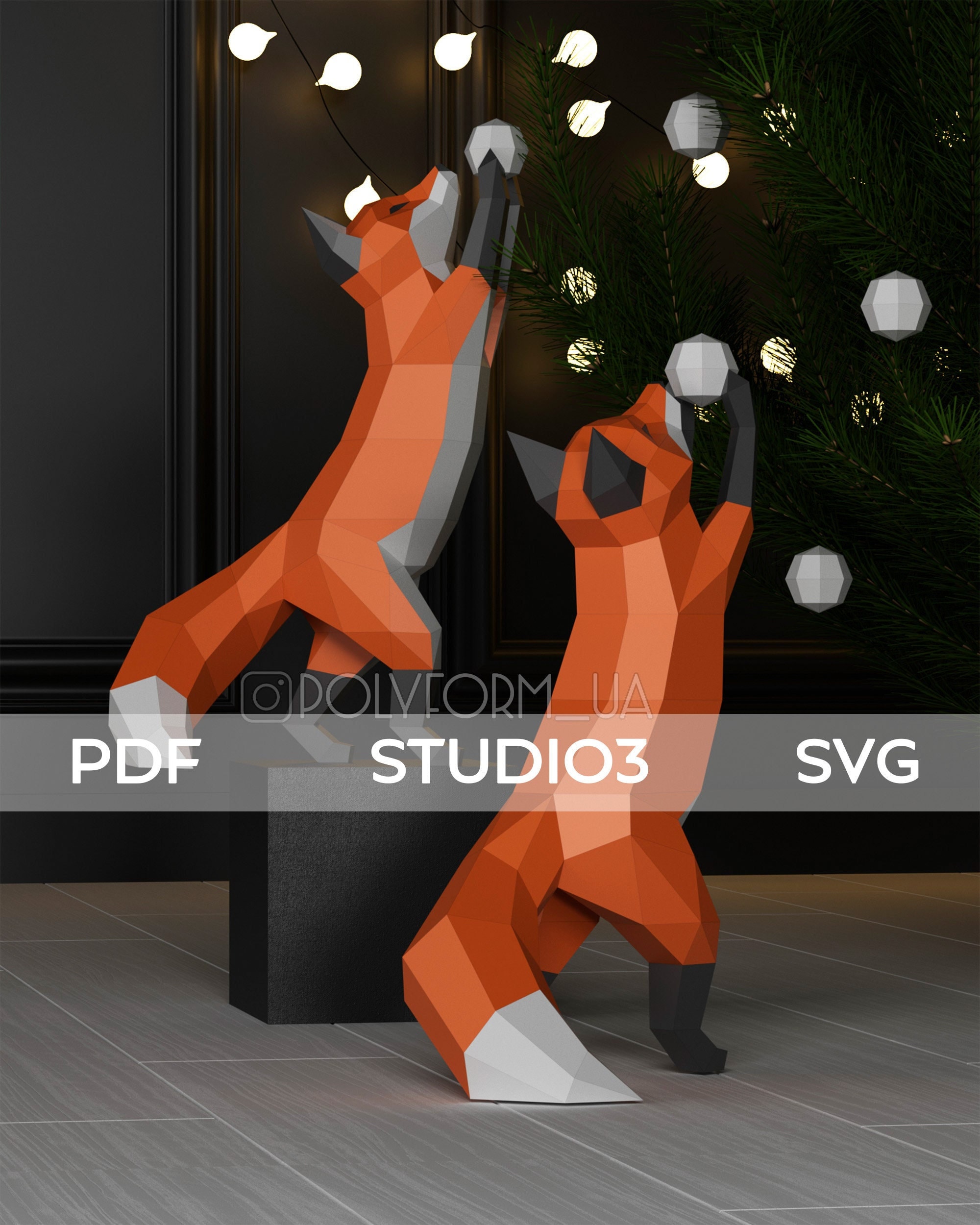 Fox Low Poly Christmas Papercraft Snowball New Year PDF - Etsy