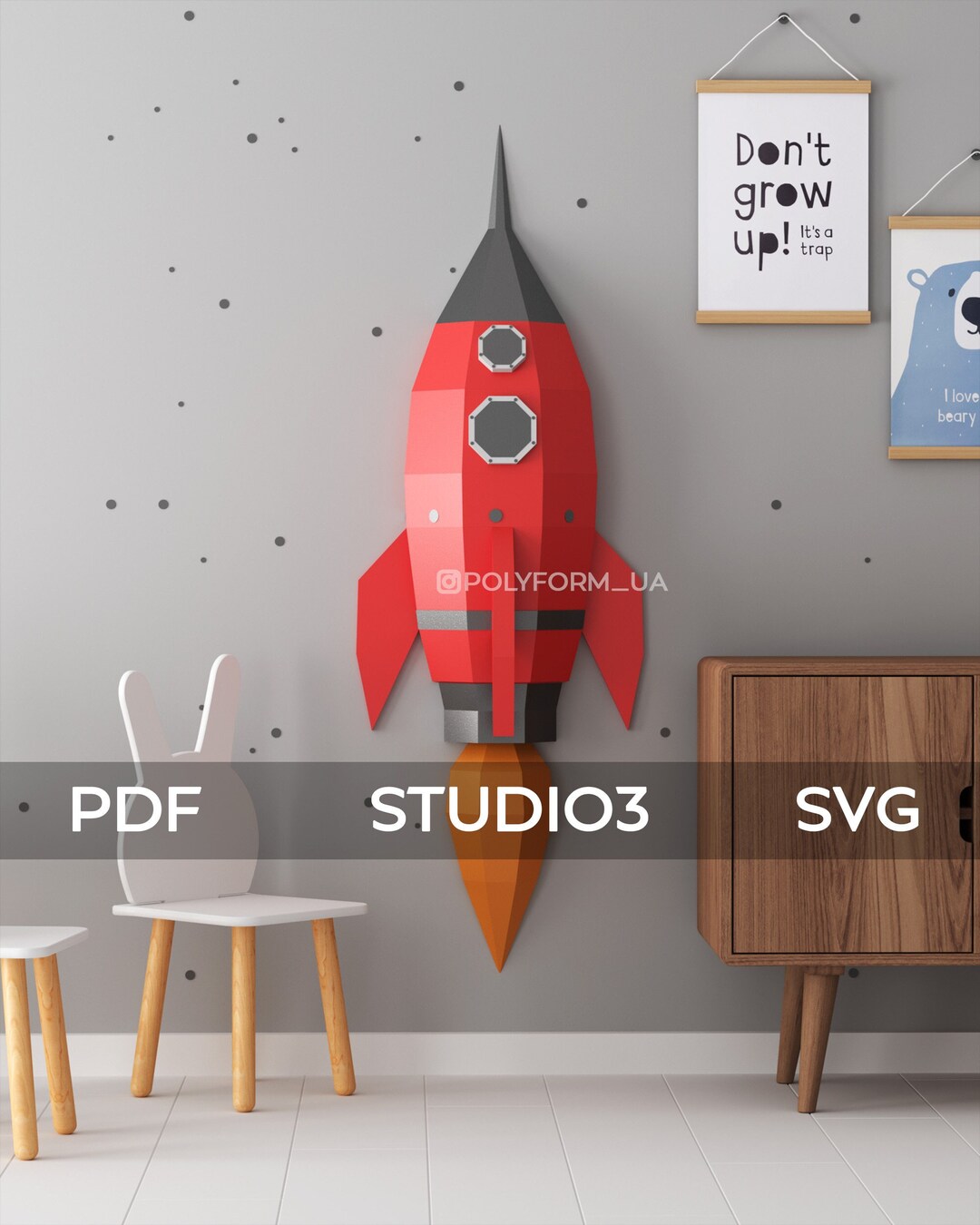 ROCKET Sculpture on the Wall Low Poly Papercraft PDF Template - Etsy