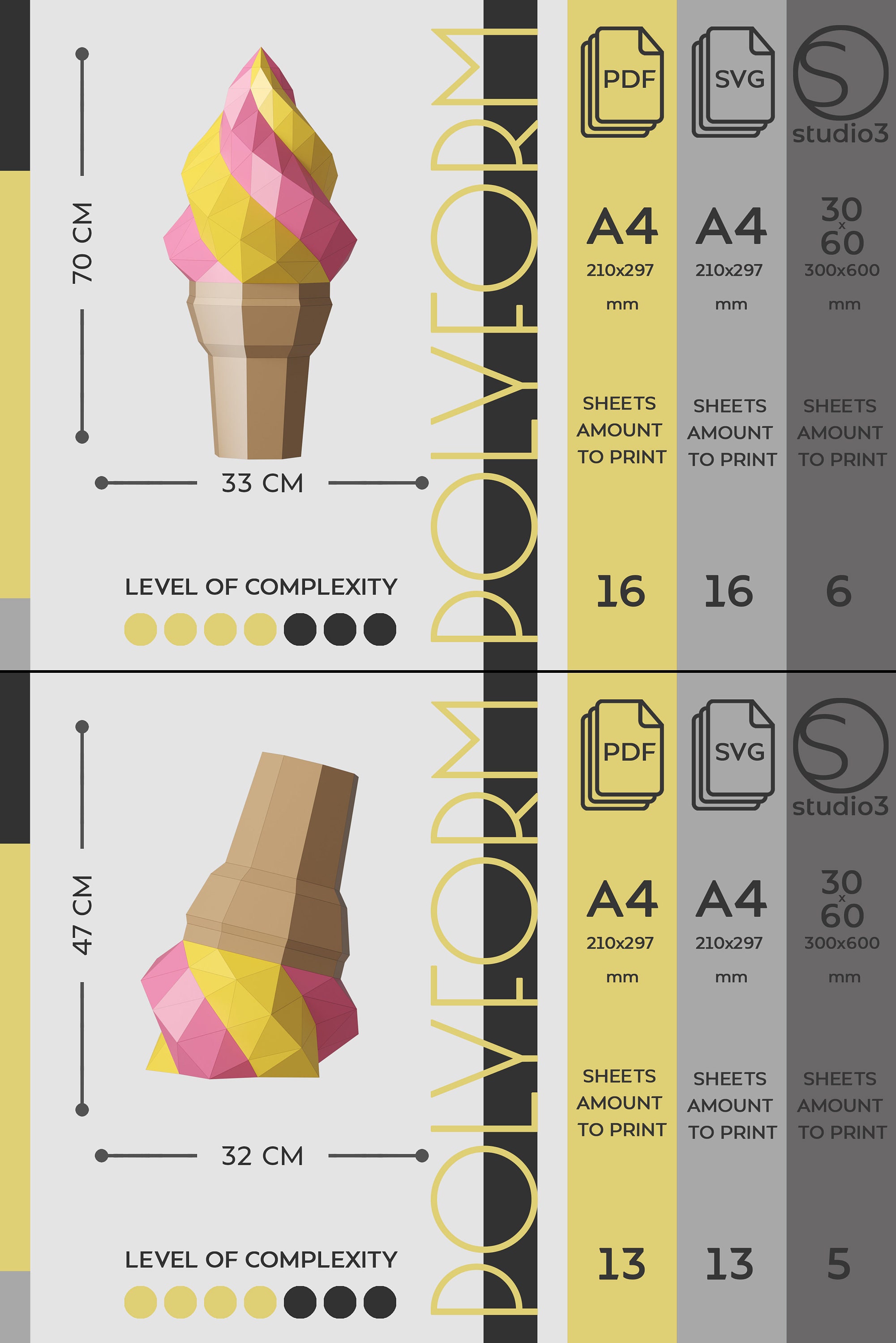 Giant Ice Cream Set Low Poly Papercraft PDF Template DIY FOOD - Etsy