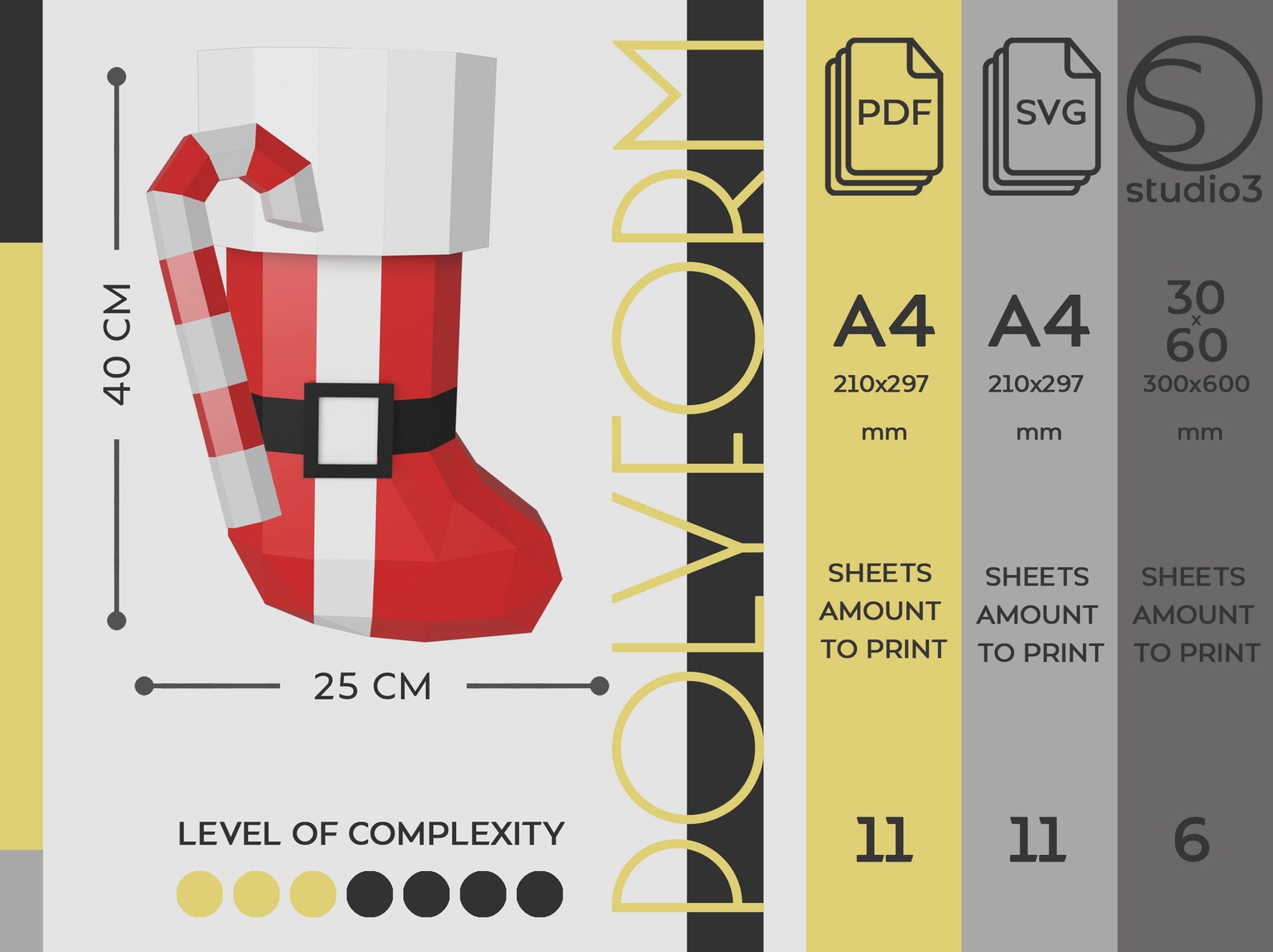 Christmas Stocking, Low Poly Papercraft PDF Template + Silhouette ...