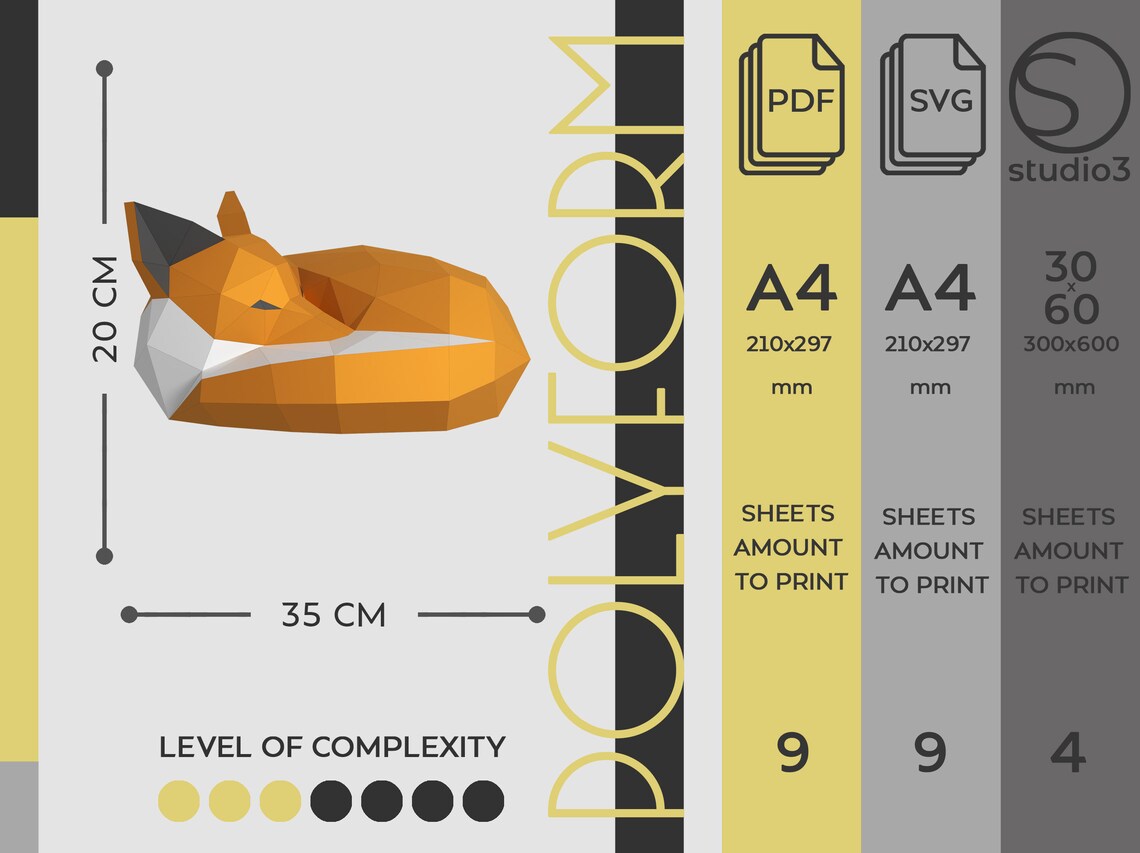 Sleeping Fox Low Poly Papercraft PDF Template - Etsy