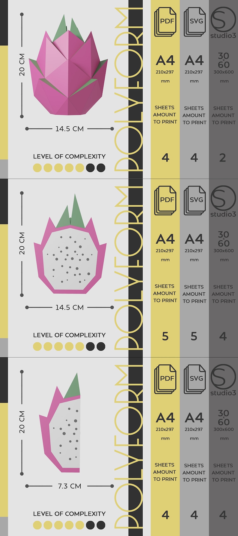 Dragon Fruits SET Pitahaya Pitaya Low Poly Papercraft Fruit Food PDF ...