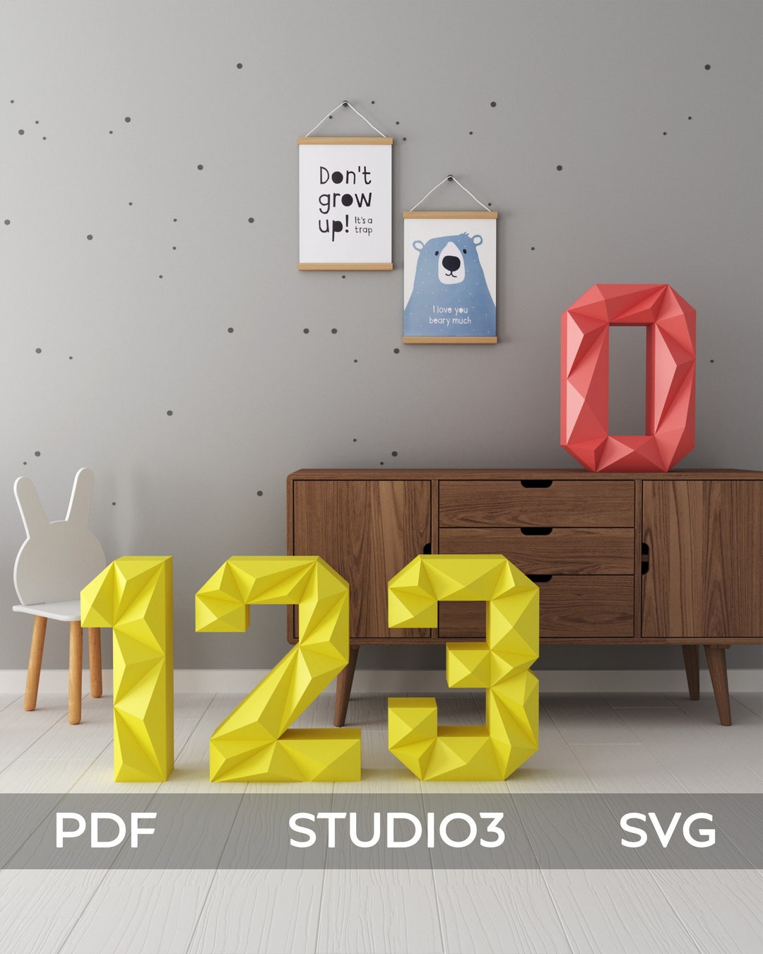 Digits Papercraft, Low Poly Numbers Papercraft PDF Template 3d Model ...