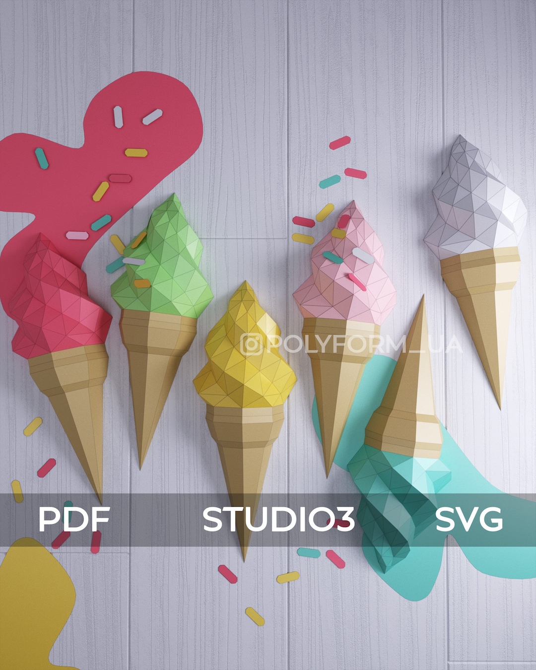ICE CREAM Low Poly Papercraft PDF Template 3d Model Sculpture Paper ...