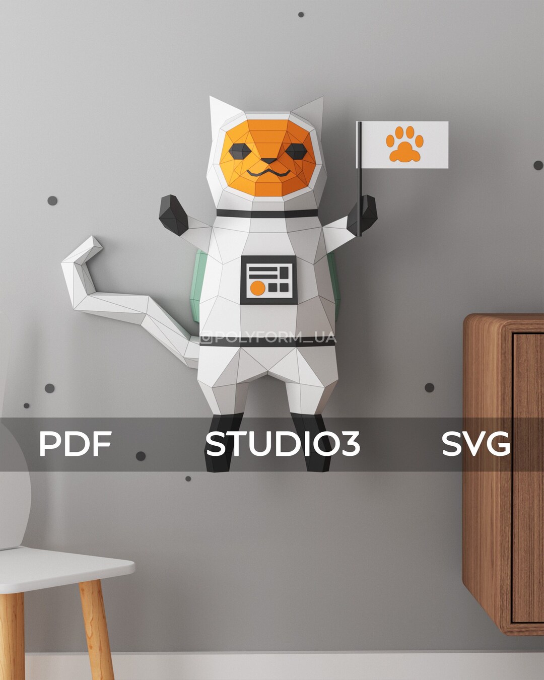 Space Cat Cosmonaut Space 3d Paper Model Low Poly Papercraft Silhouette ...