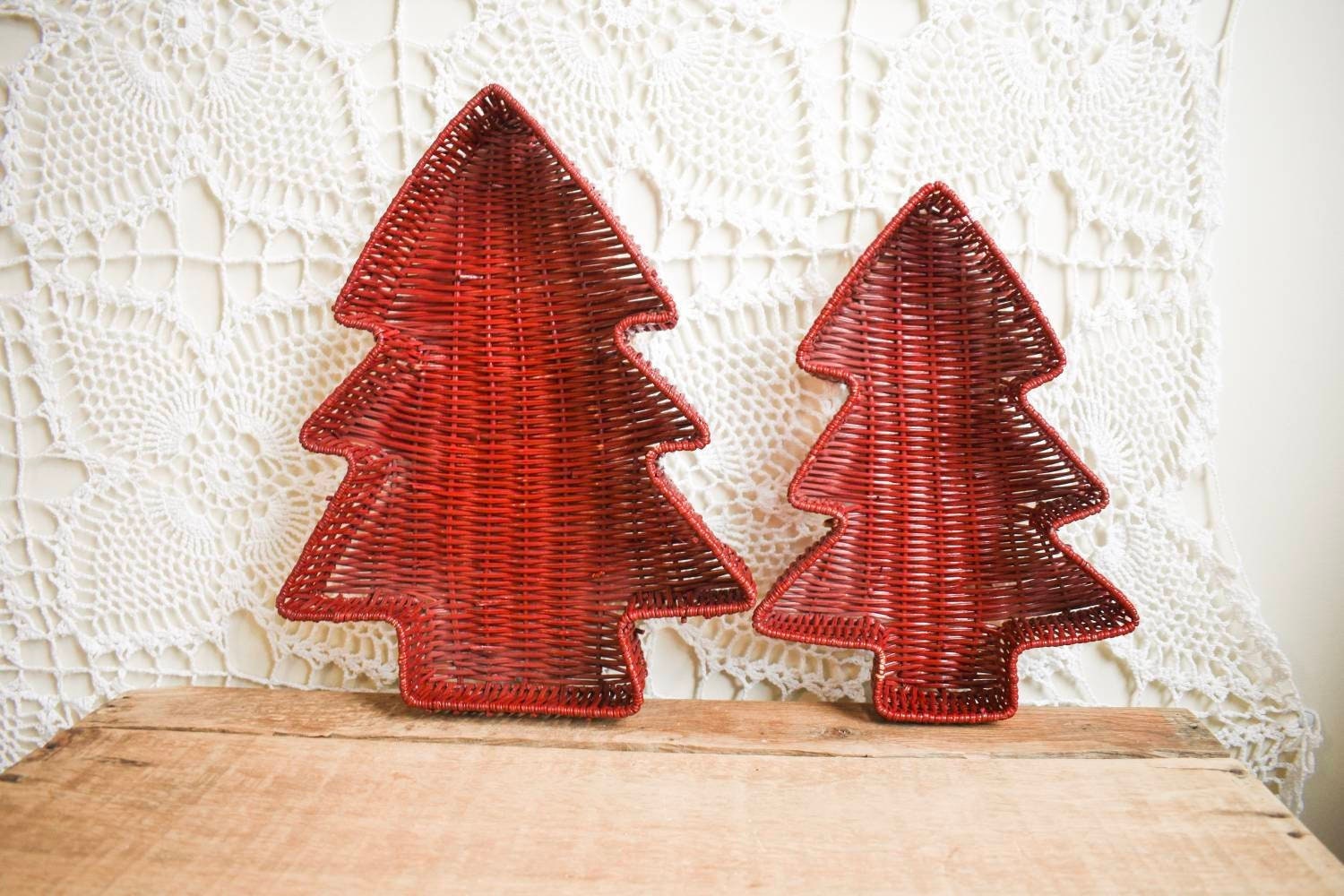 Pair (2) Vintage Tree Shaped Wicker Holiday Baskets | Vintage Red ...