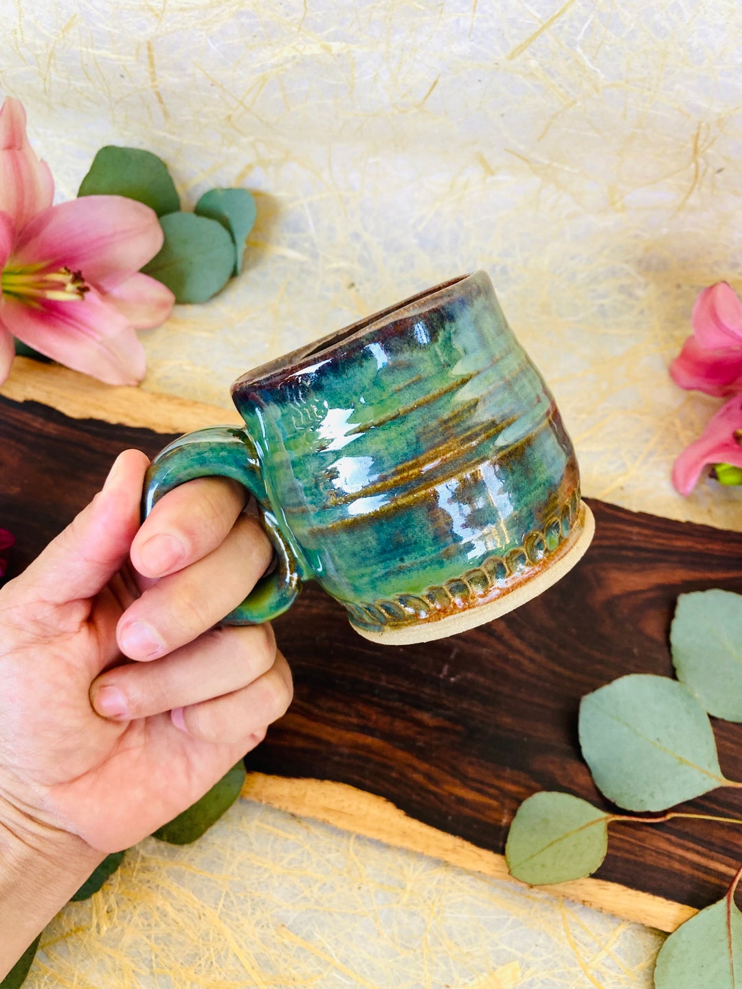 Small Green Ceramic Handmade Tea Cup With Handle - Wheel Thrown Pottery ...