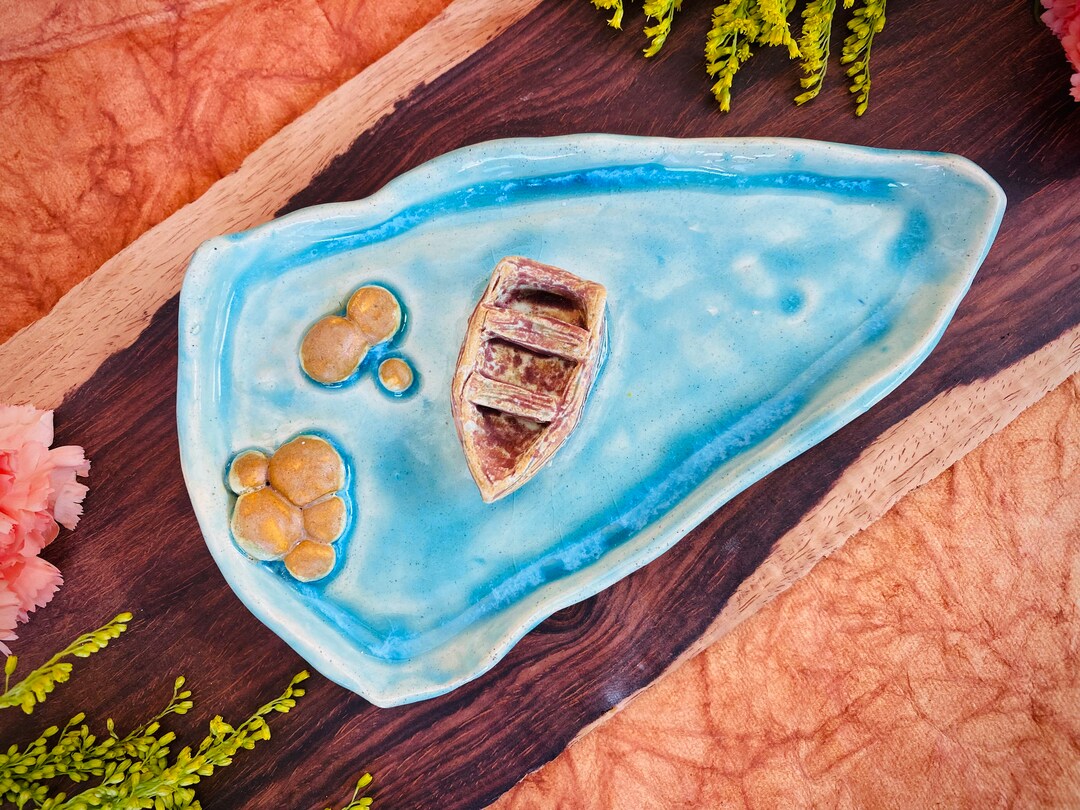 Wooden Boat in a Lake Jewelry Dish Handmade Ceramic Triangular Blue ...