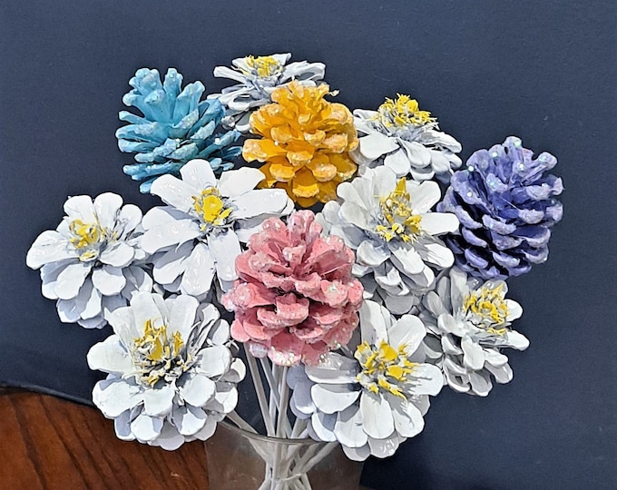 Spring Pine Cone Flowers, ORIGINAL Painted Pine Cones on 12-inch Wood ...
