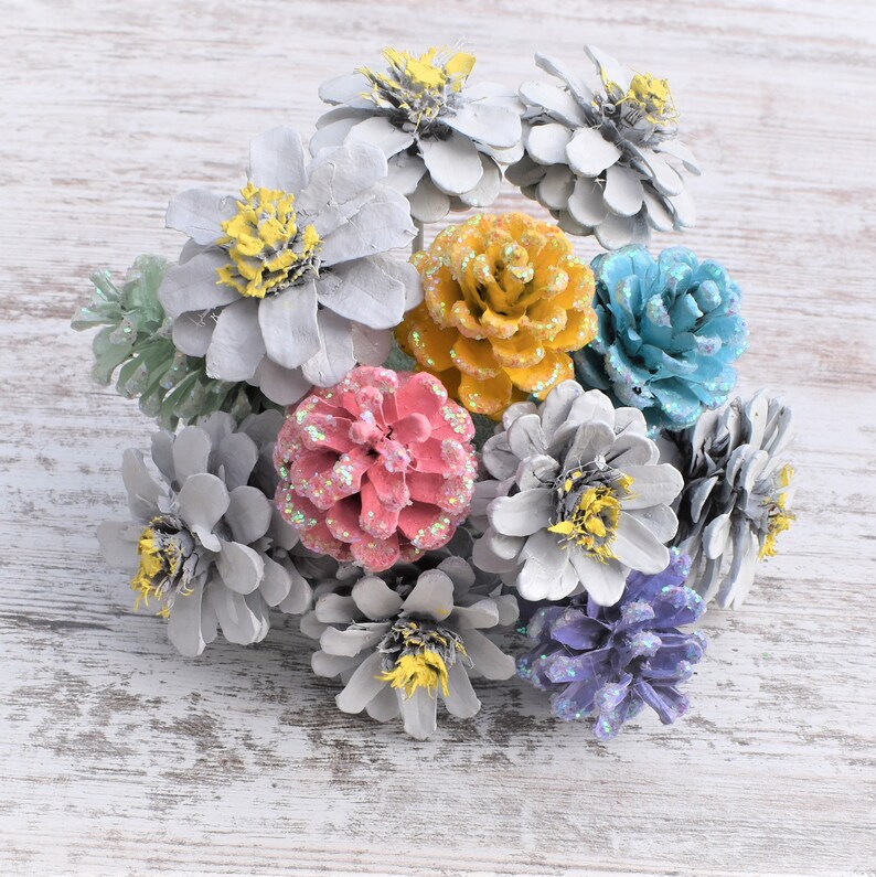 ONE Dozen Pinecone Flowers, Spring Pine Cone Flowers, Easter Glitter ...