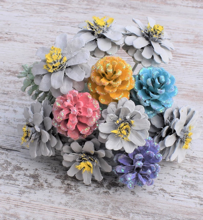 ONE Dozen Pinecone Flowers, Spring Pine Cone Flowers, Easter Glitter ...