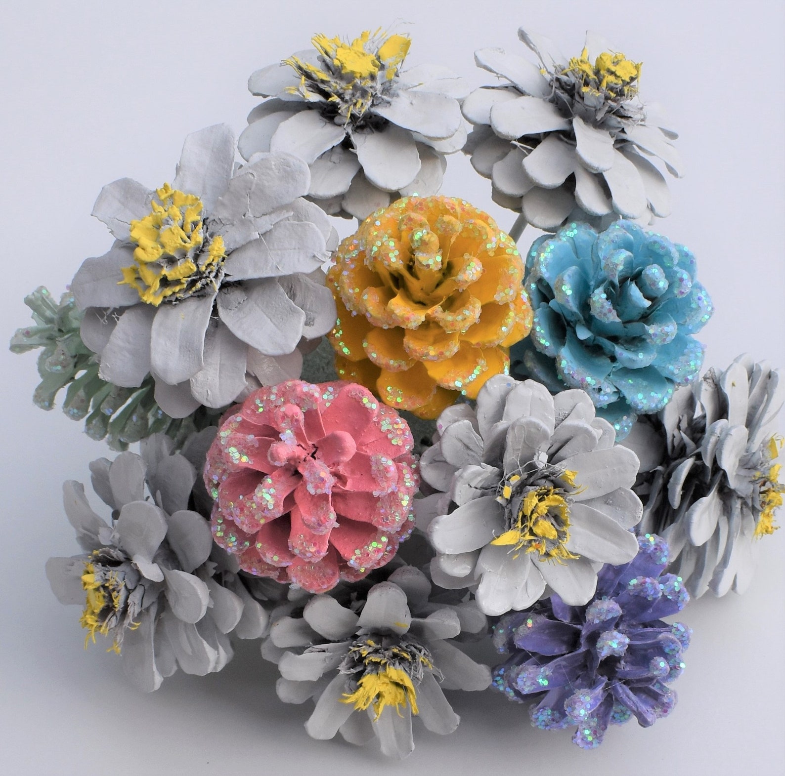 ONE Dozen Pinecone Flowers, Spring Pine Cone Flowers, Easter Glitter ...