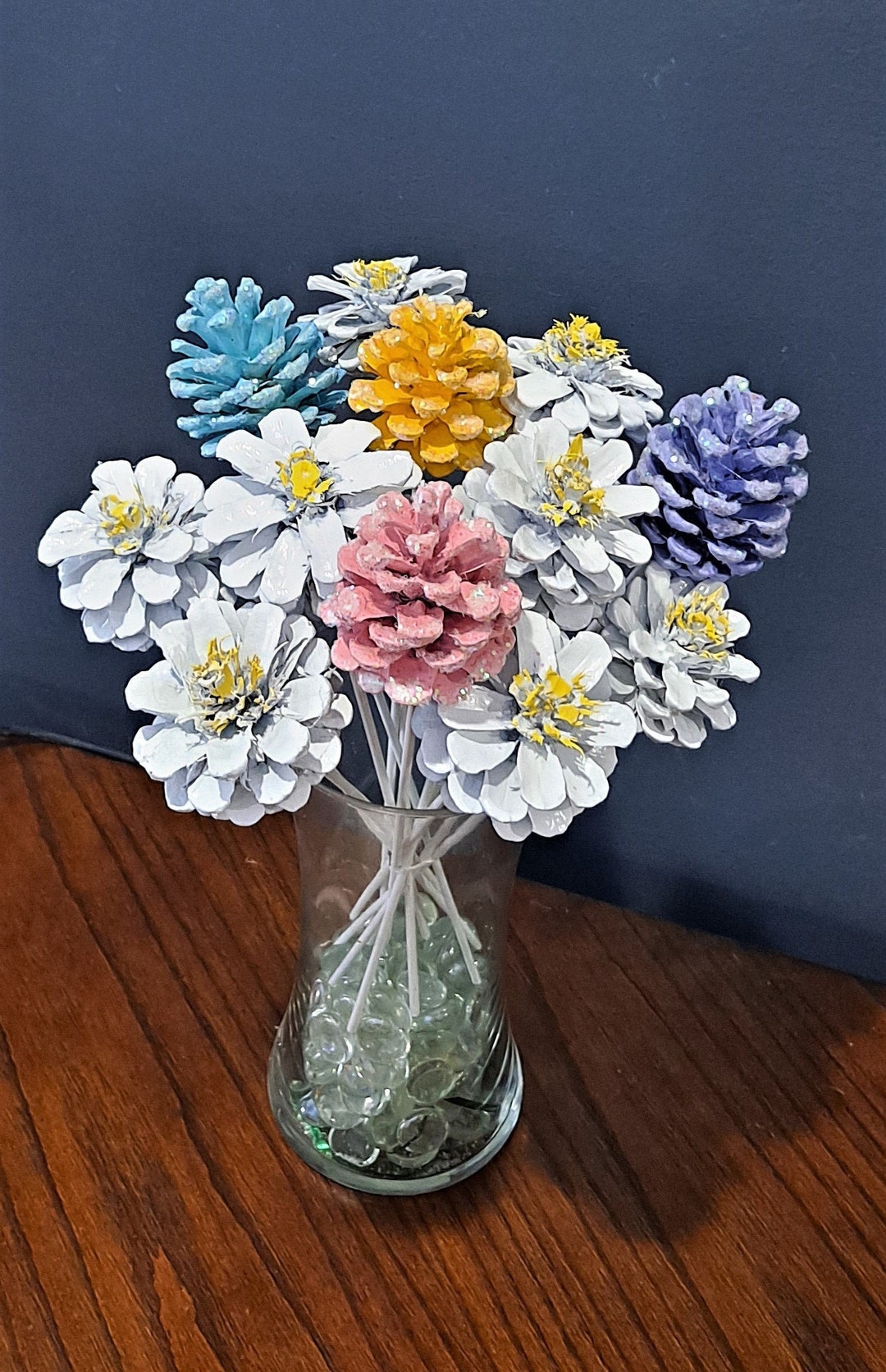 ONE Dozen Pinecone Flowers, Spring Pine Cone Flowers, Easter Glitter ...