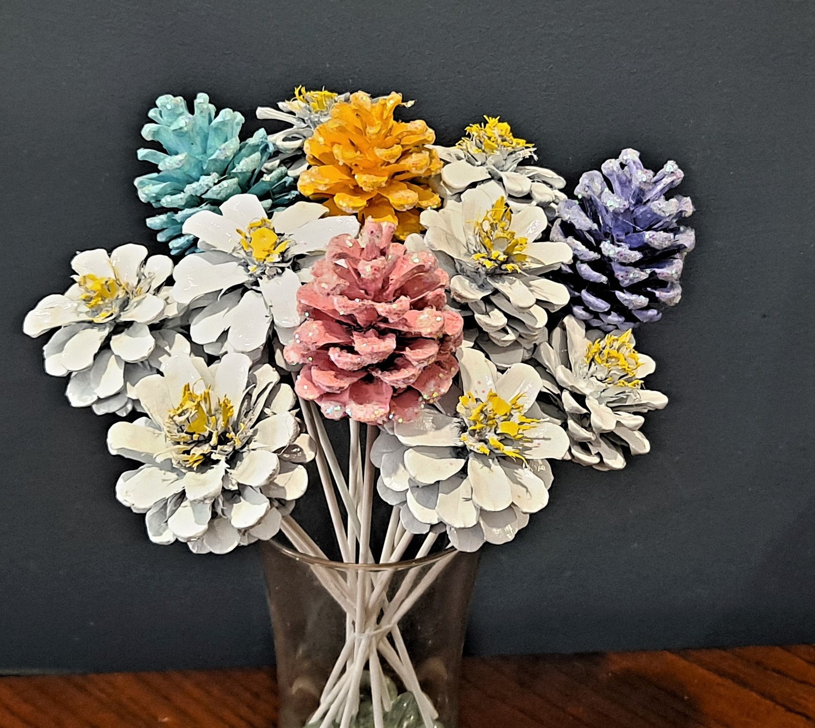ONE Dozen Pinecone Flowers, Spring Pine Cone Flowers, Easter Glitter ...