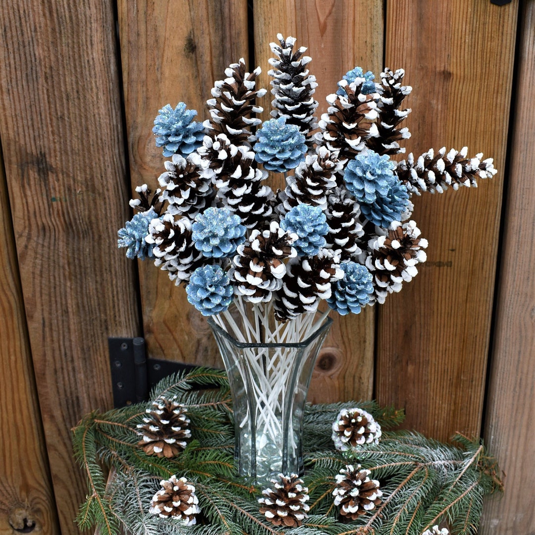 Frozen Winter White Tip Pine Cone Flowers/ ONE Dozen Glitter Pinecone ...