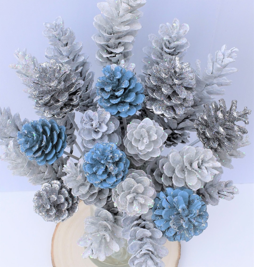 Pinecone Flowers, ONE Dozen Silver and Blue Wedding Glitter Centerpiece ...