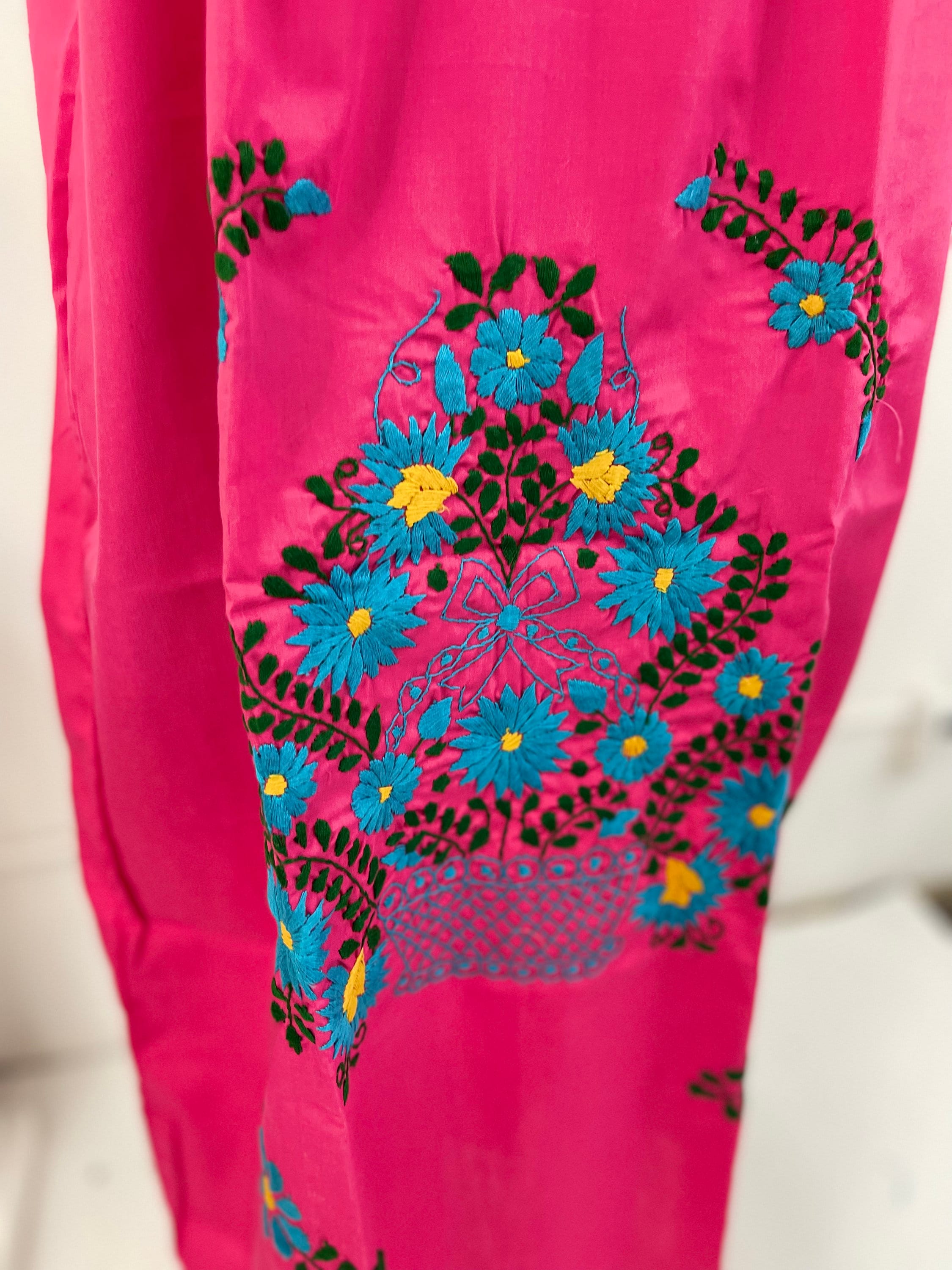Pink Mexican Dress With Aqua Floral Embroidery, Puebla Style - Etsy