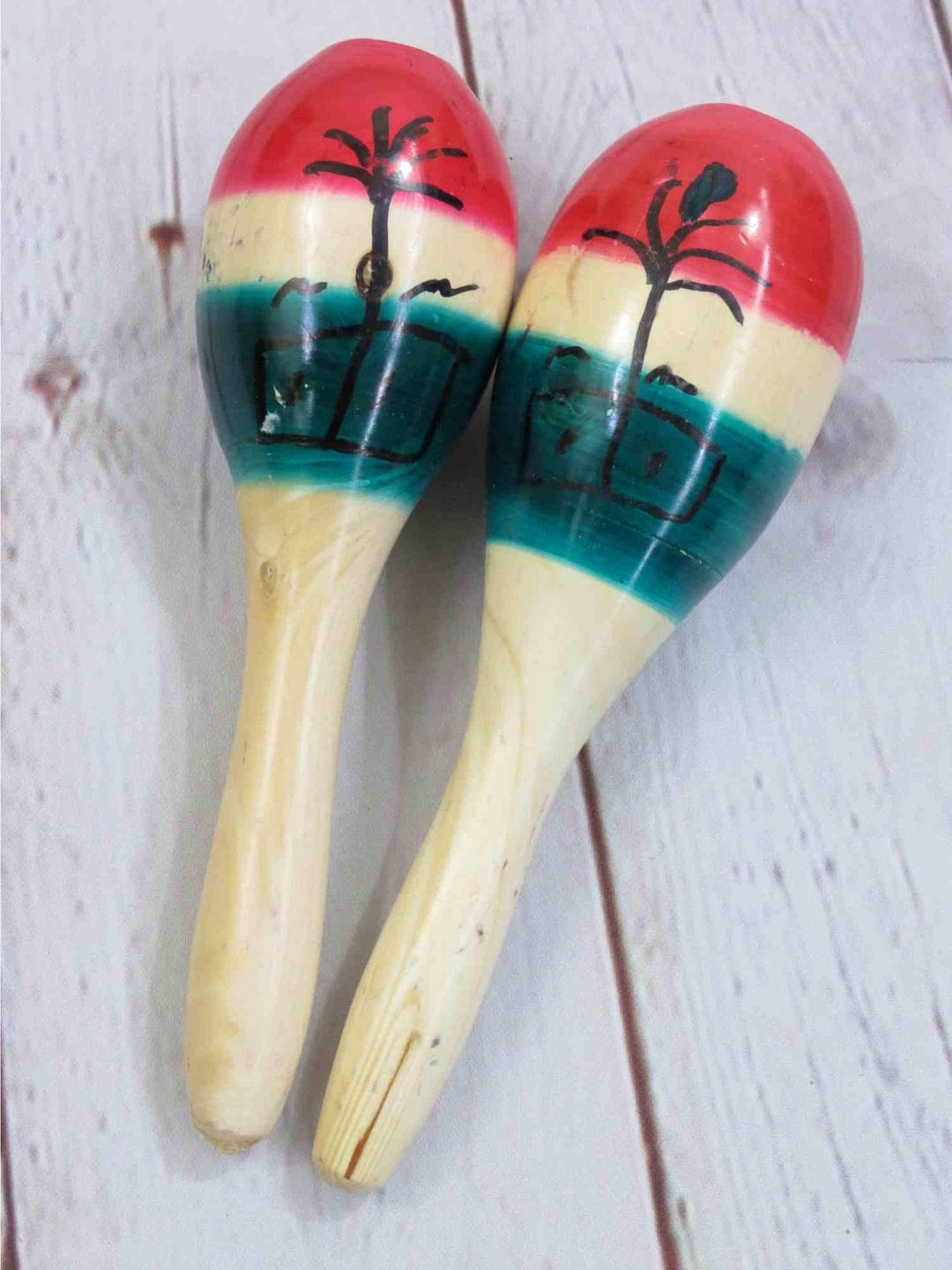 Mexican Wooden Maracas – Hand-painted Pair, 6” Fiesta Percussion, Party ...