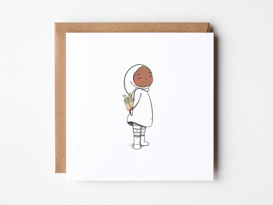 Islamic Greeting Card – Hijabi Girl With Gift – Eid Card for Her ...