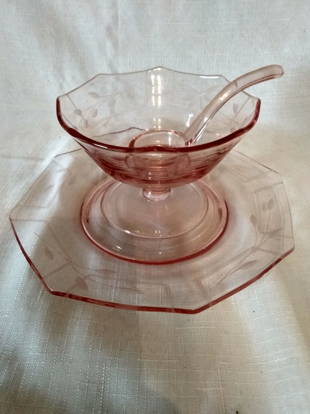 Pink Depression Glass Etched Condiment Bowl With Ladle Spoon and Under ...