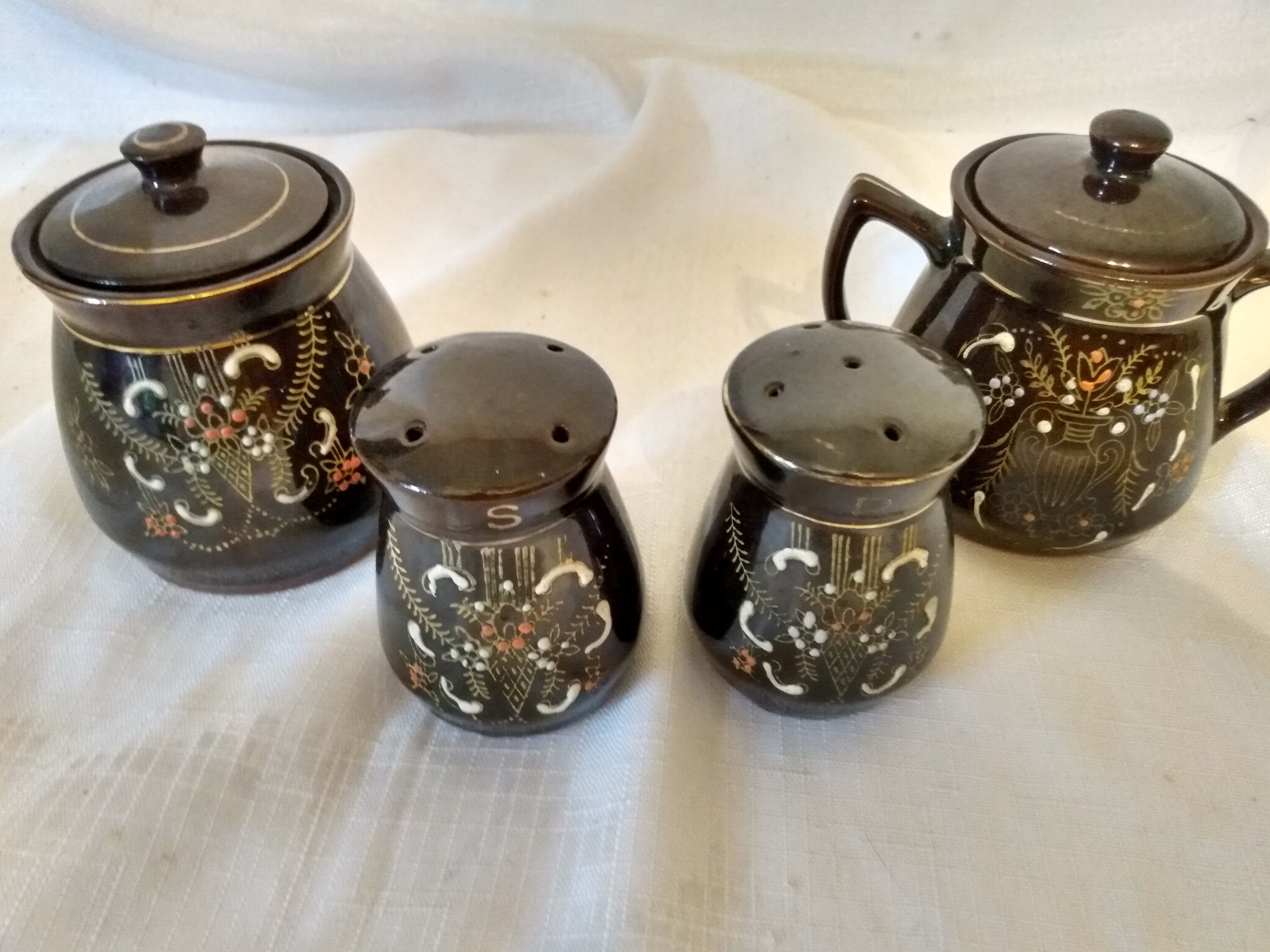 Vintage Brown Hand Painted Japanese Ceramic Honey Pot, Sugar Bowl, and ...