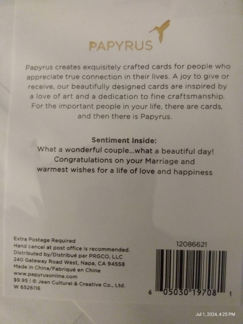 Papyrus Wedding Card New Unopened 7" X 5" Modern Sleek Bride and Groom ...