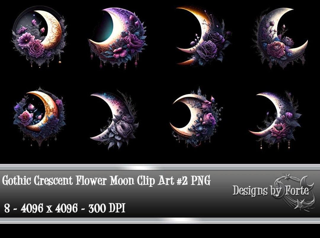Gothic Crescent Flower Moon Clip Art #2 - Etsy