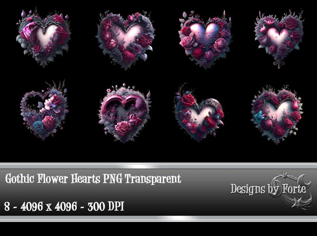 Gothic Flower Hearts Clip Art PNG | Instant Download, Digital Art ...