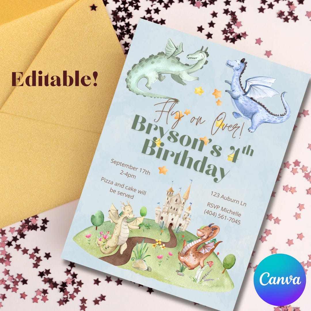 Editable Dragons and Castle Invitation, Boy Dragon Birthday Party ...