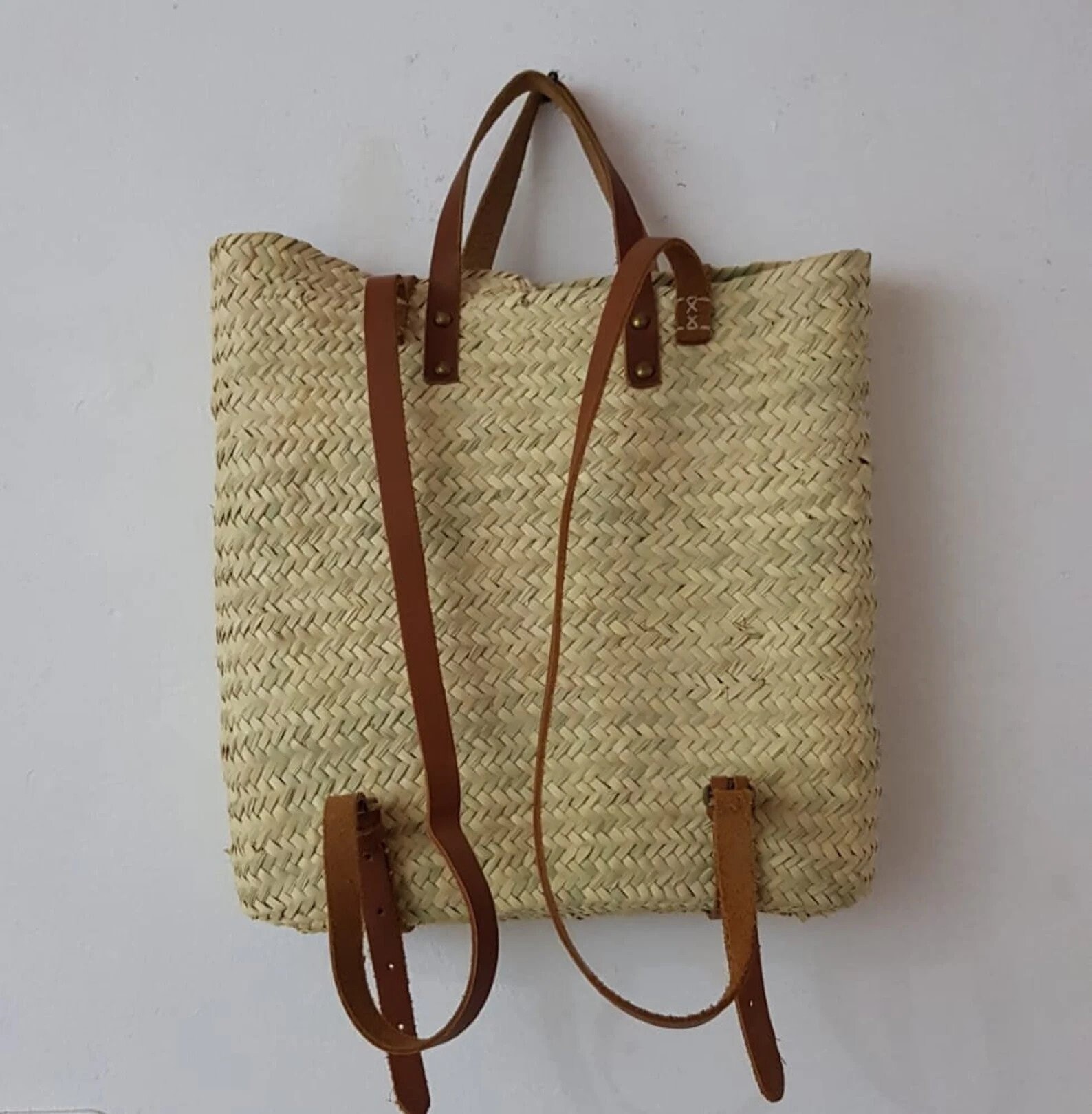 50 % OFF Straw Beach Bag With Leather Strap - Straw Backpack - Hipster ...
