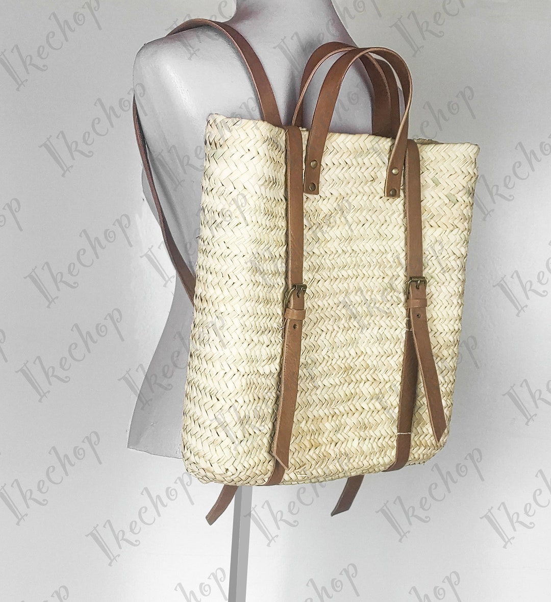 50 % OFF Straw Beach Bag With Leather Strap - Straw Backpack - Hipster ...