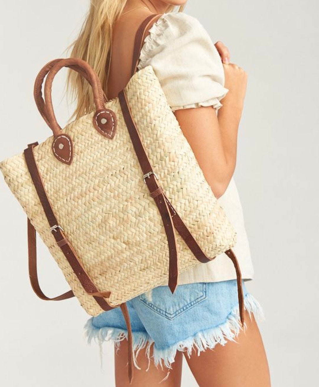 50 % OFF Straw Beach Bag With Leather Strap - Straw Backpack - Hipster ...