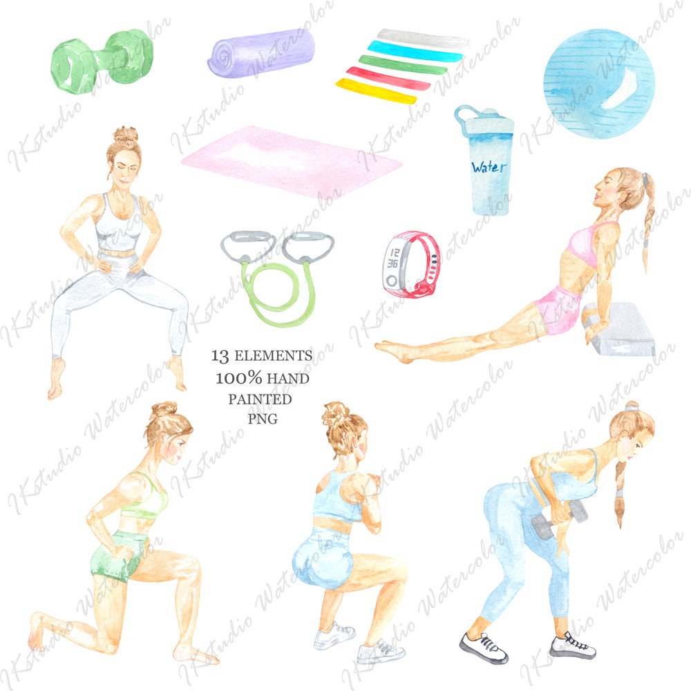 Fitness watercolor clipart. Sport clipart. The girl goes in | Etsy