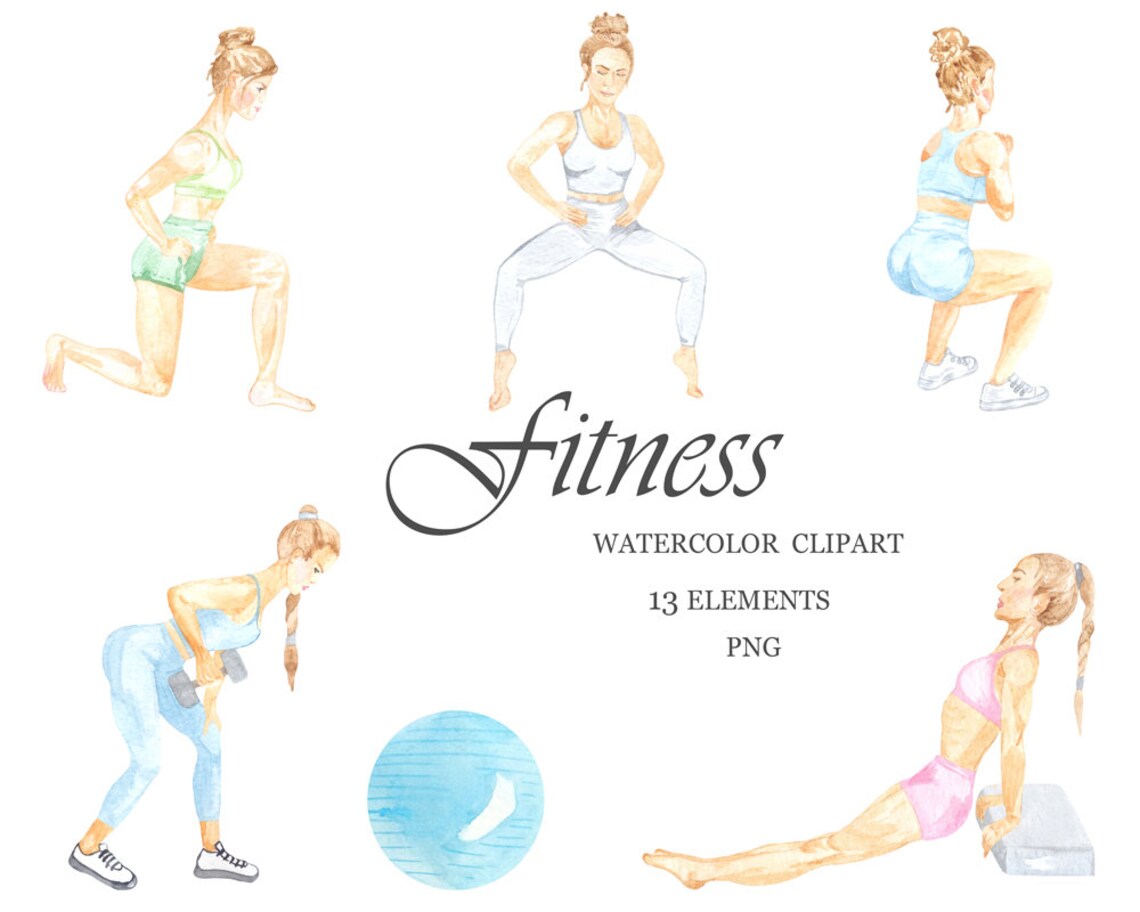 Fitness Watercolor Clipart. Sport Clipart. the Girl Goes in | Etsy