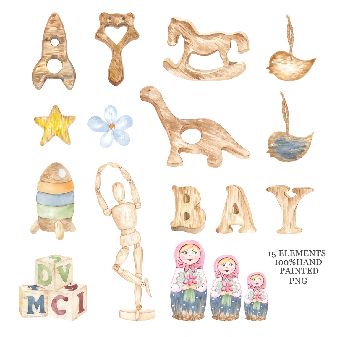 Wooden toys watercolor clipart Children's toys the second | Etsy